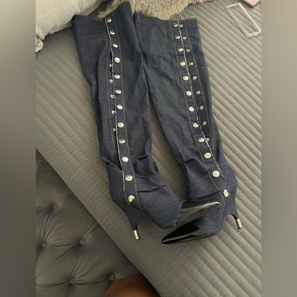 Shoes | Denim Thigh High Designer Boots Worn Twice | Poshmark